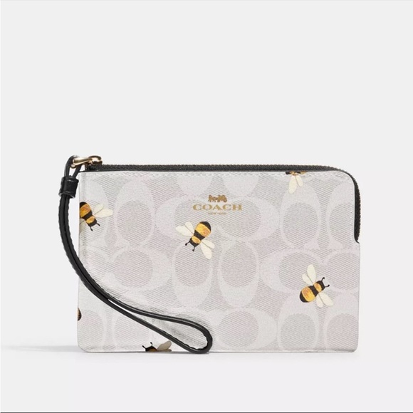 Coach | Bags | Coach Corner Zip Wristlet In Signature Canvas With Bee ...